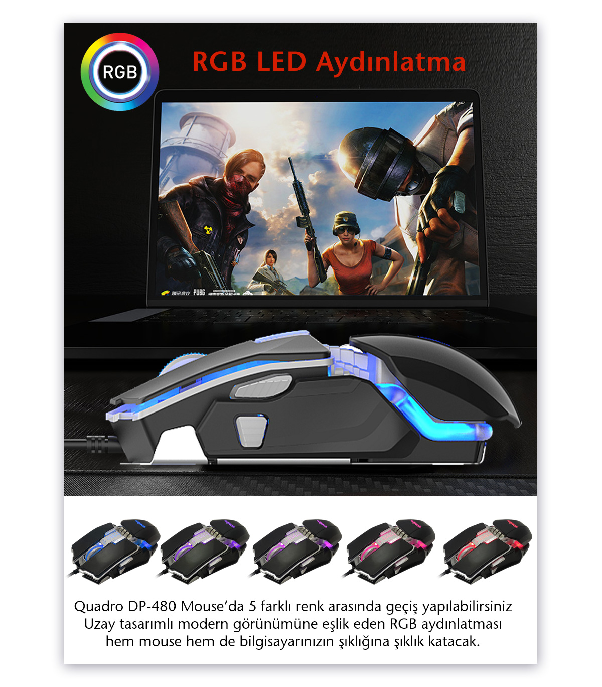 QUADRO DP-480 USB siyah RGB Oyuncu Mouse - Gaziantep