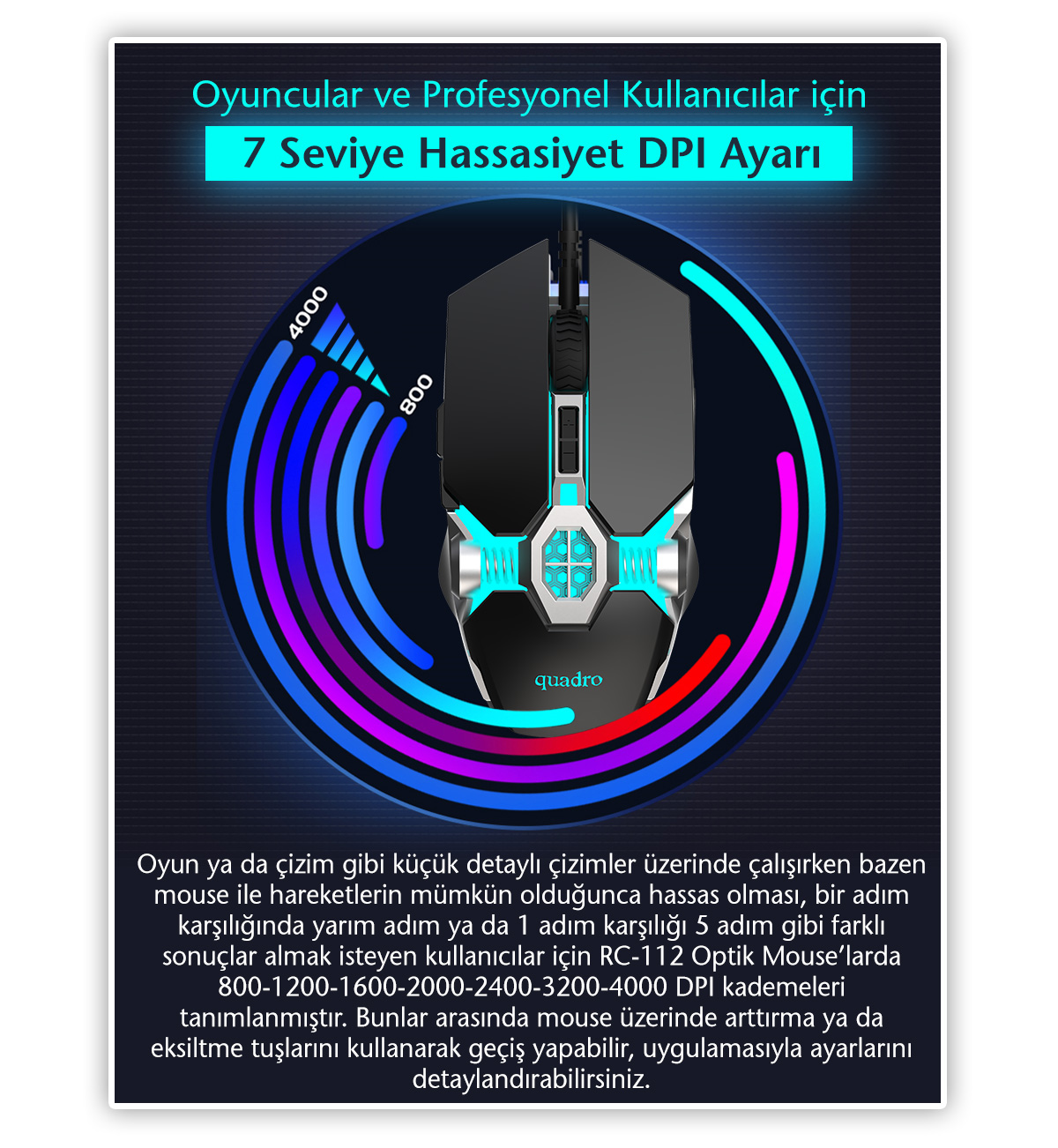 QUADRO RC-112 USB siyah RGB Oyuncu Mouse - Gaziantep
