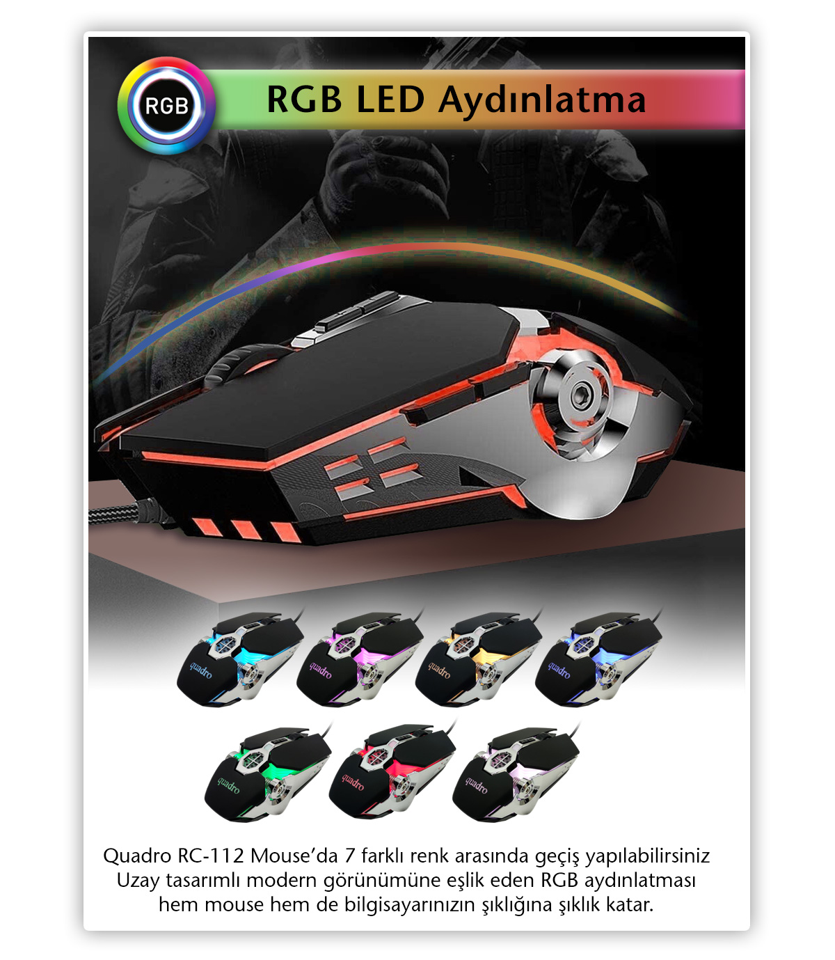 QUADRO RC-112 USB siyah RGB Oyuncu Mouse - Gaziantep